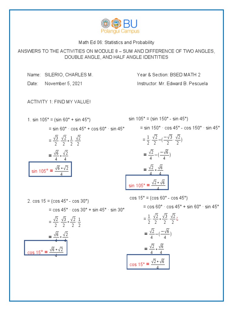 Learning Task 8 - Sum and Difference of Trigonometric Identities | PDF ...