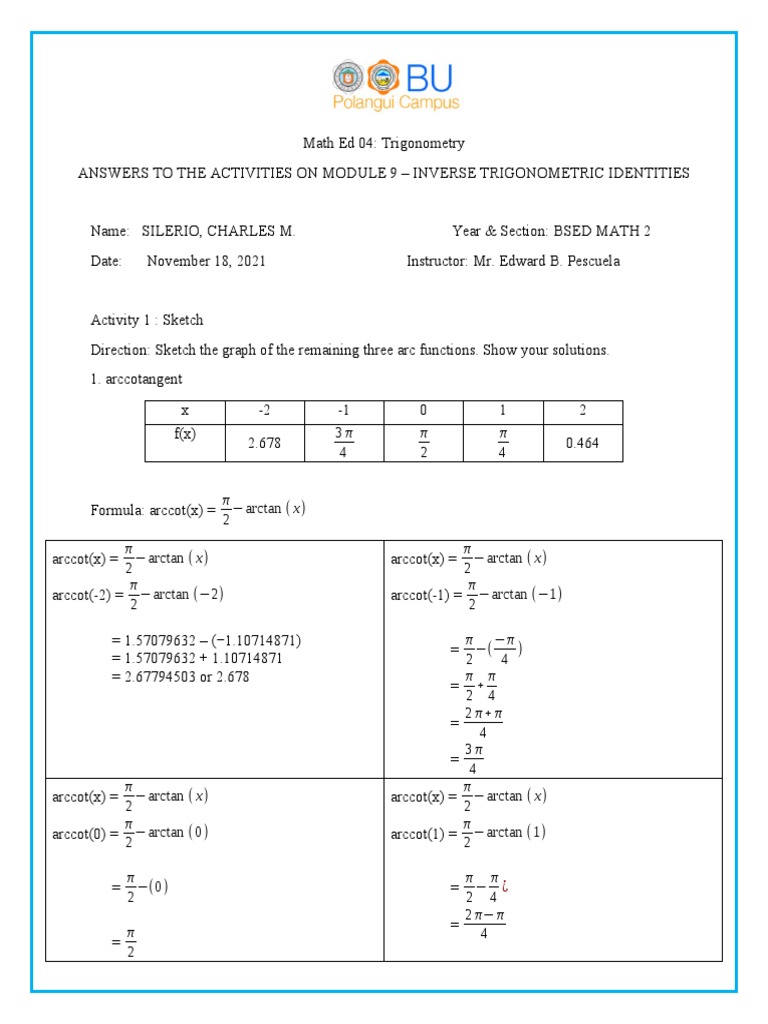 Learning Task 9 - Inverse Trigonometric Function | PDF | Trigonometric ...
