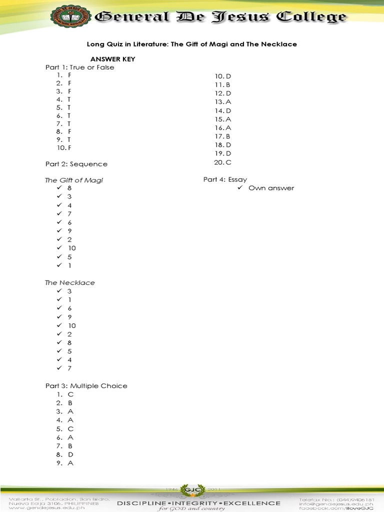 Literature Quiz: Gift of Magi & Necklace | PDF
