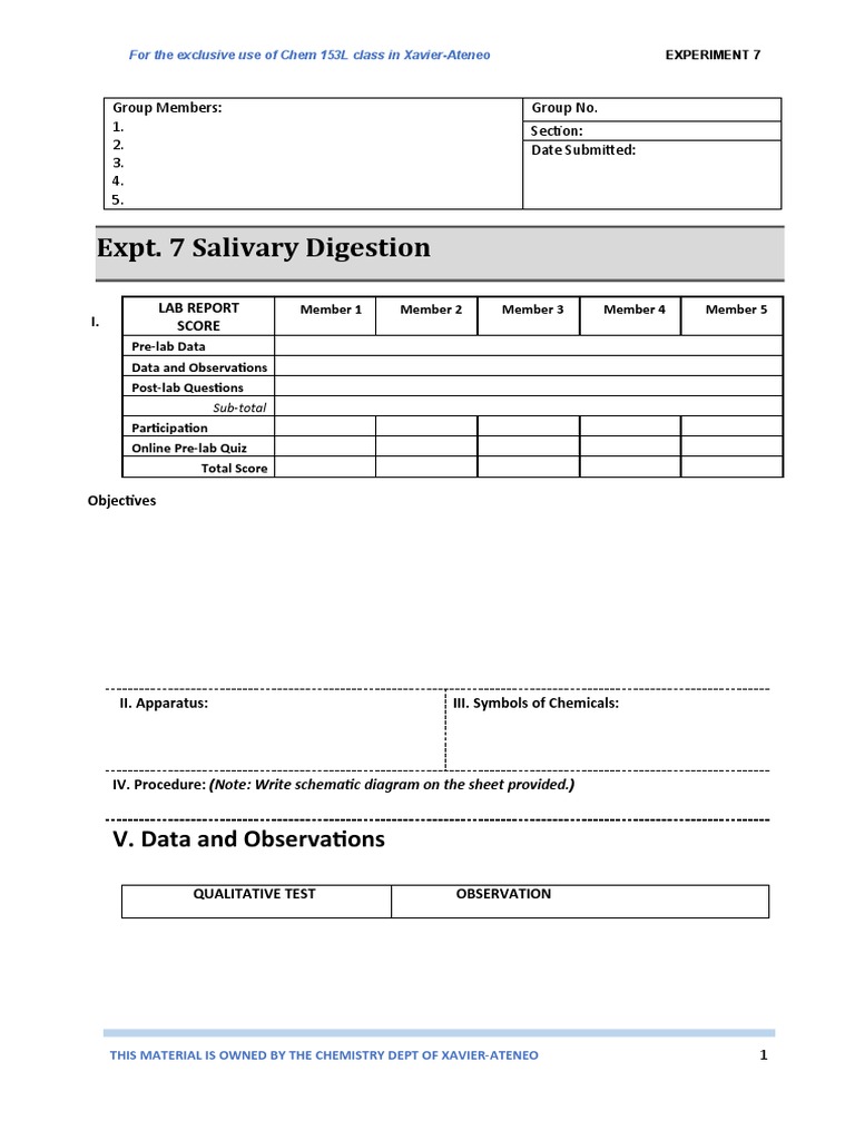 Experiment 7 Data Sheet | PDF | Stomach | Saliva