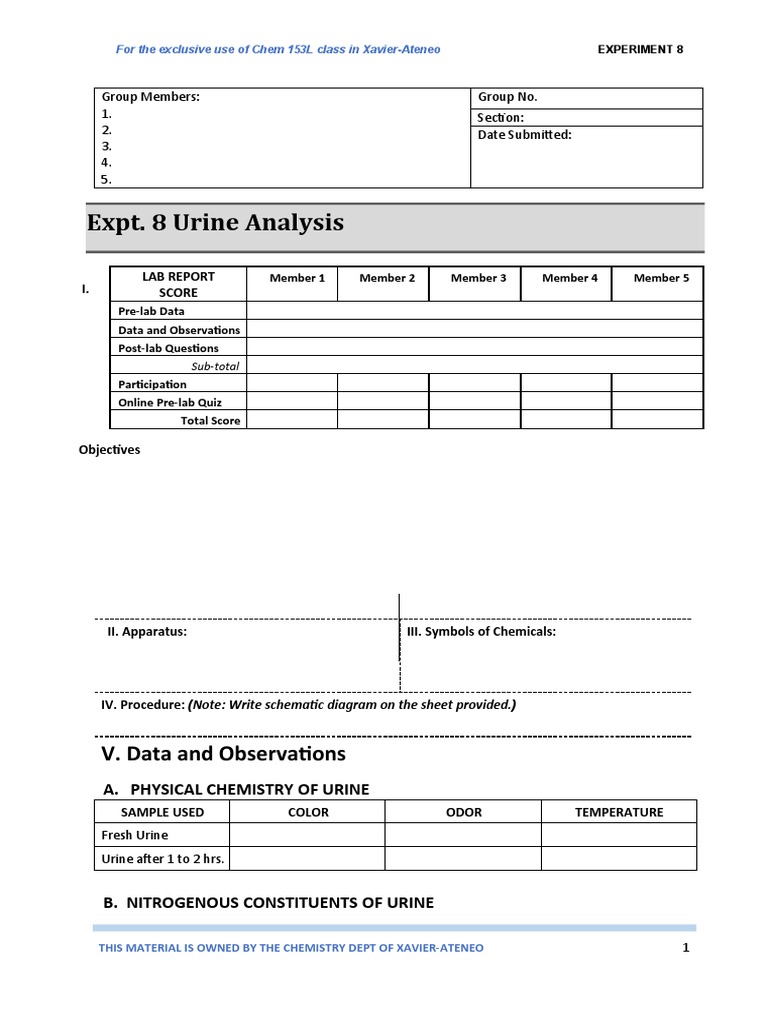 Experiment 8 Data Sheet Pdf Urine Chemistry