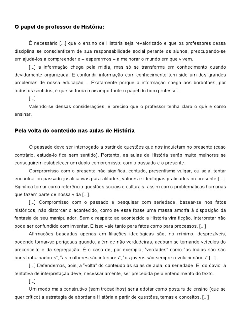 O Papel Do Professor De Historia Download Grátis Pdf Conhecimento