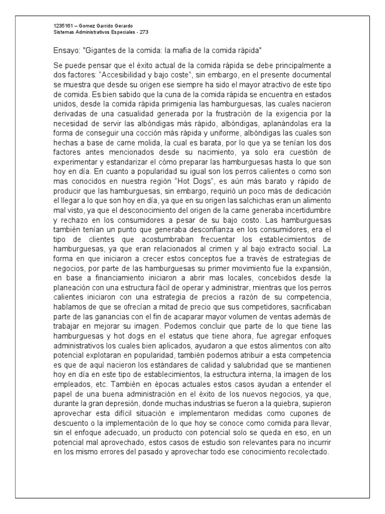 Ensayo - La Mafia de La Comida Rapida | PDF | Hamburguesas | Pancho