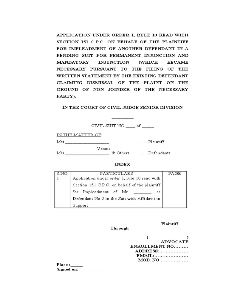 Application Under Order 1 Rule 10 Pdf Lawsuit Affidavit