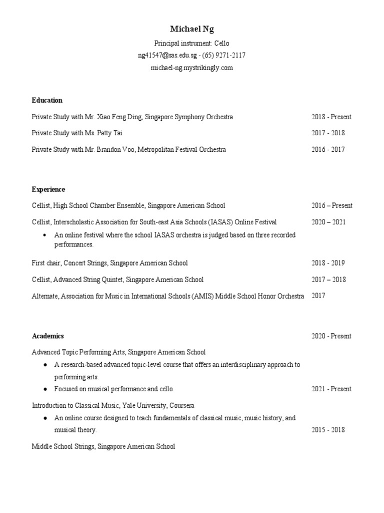 Michael NG Artistic Resume | PDF | Cello | Concerto