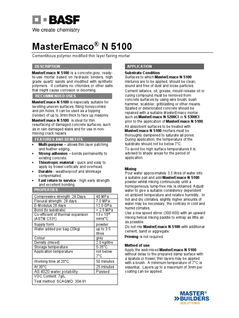 BASF - MasterEmaco N5100 Nanocrete FC - TDS | PDF | Concrete | Mortar ...