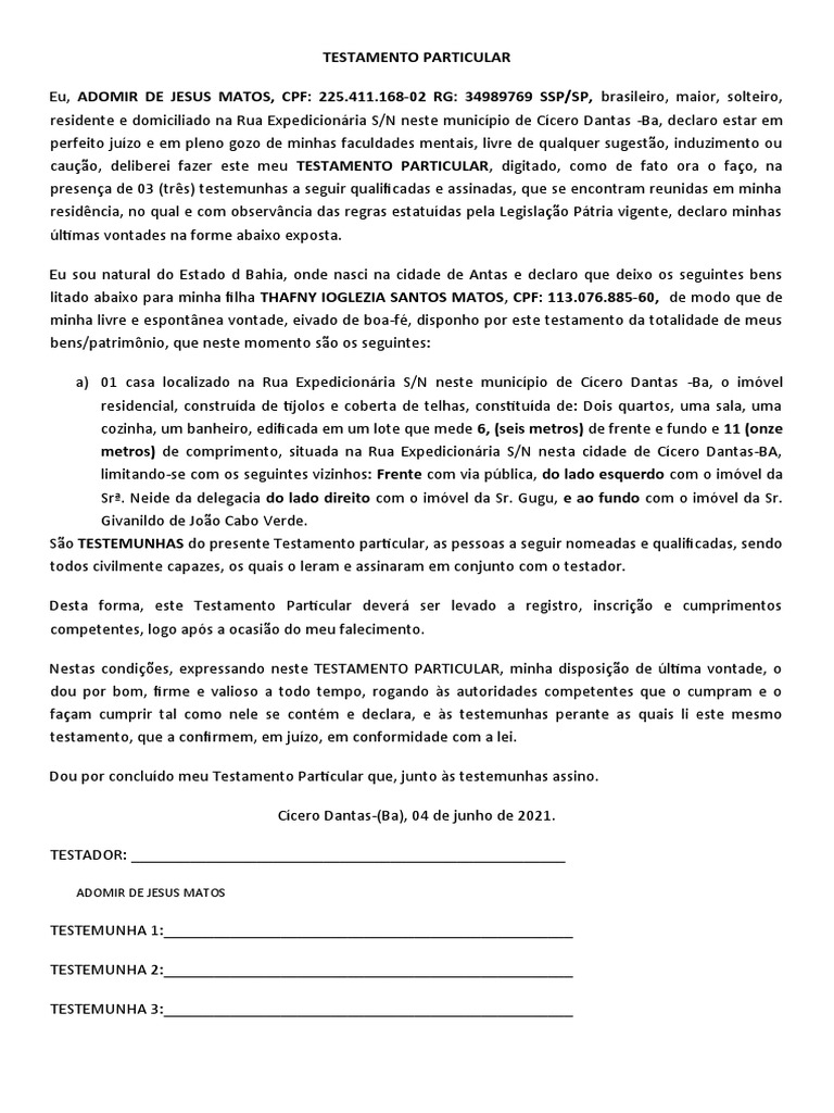 Modelo de Testamento Particular | PDF | Testamento