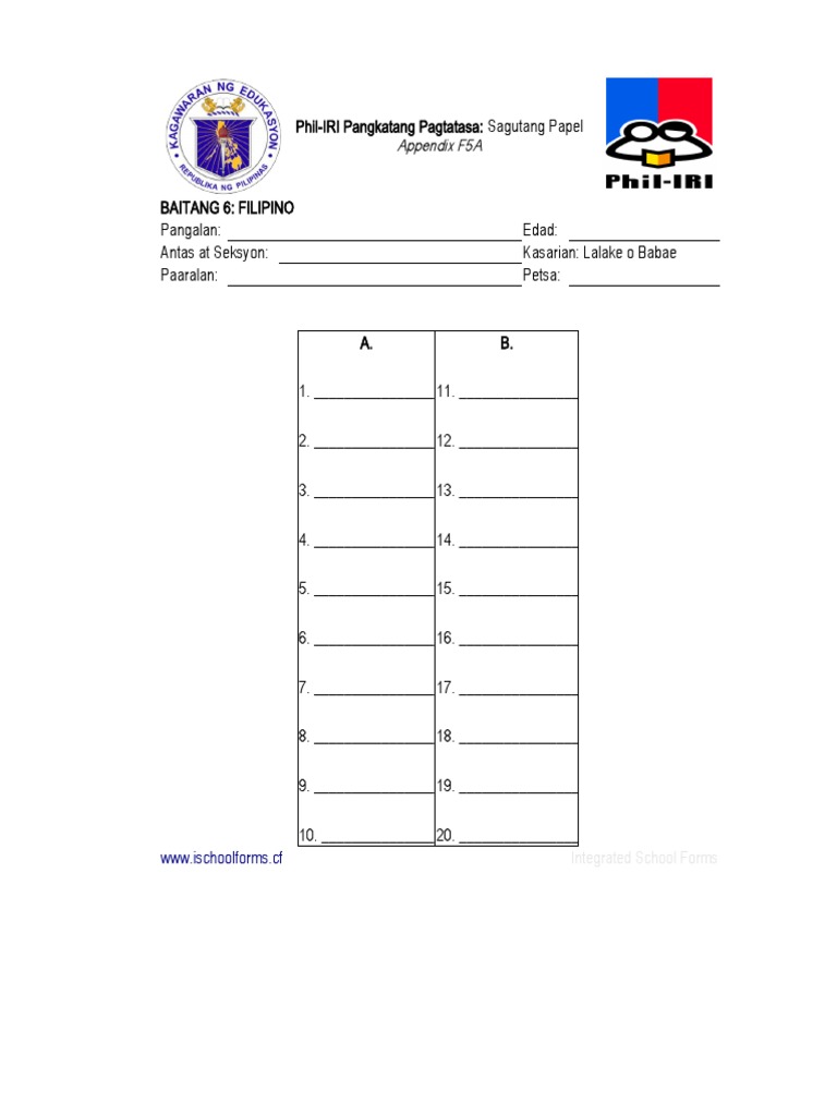 Phil IRI Answer Sheet Grade 6 English and Filipino | PDF