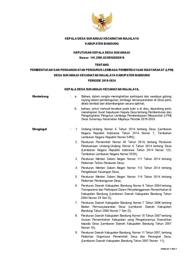 SK LPMD SUKAMAJU 2019-2024 (Perubahan) 16-09-2021 | PDF