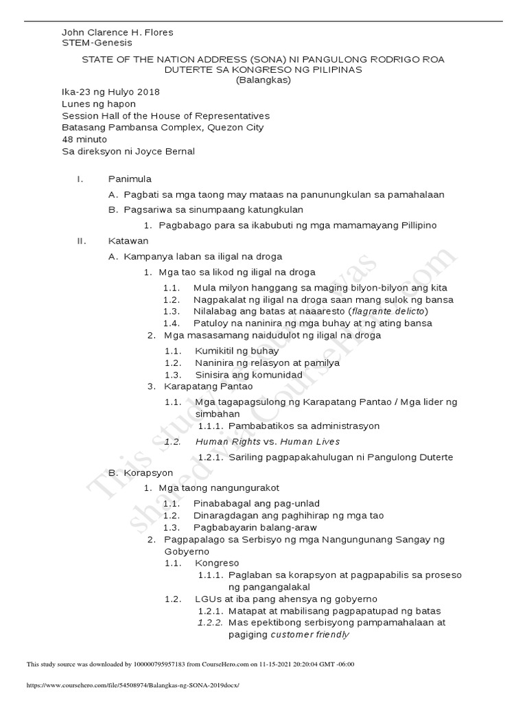 Balangkas NG SONA 2019 | PDF