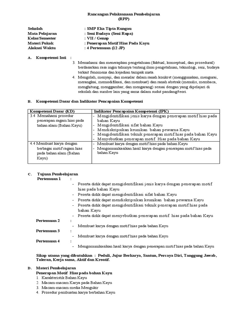 RPP Seni Rupa 7 KD 3.4-4.4 | PDF | Karier & Perkembangan | Griya & Taman