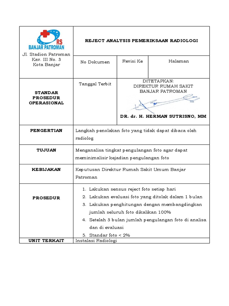 Spo Reject Analysis Pemeriksaan Radiologi | PDF