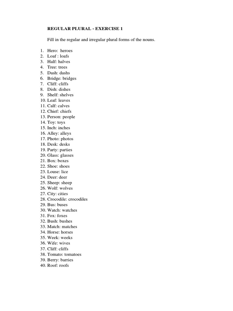 Exercise. Plural Nouns, Regular and Irregular, Part 1 | PDF