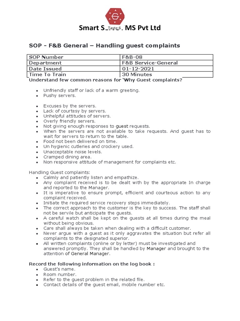 SOP Handling Guest Complaints-08 | PDF | Career & Growth