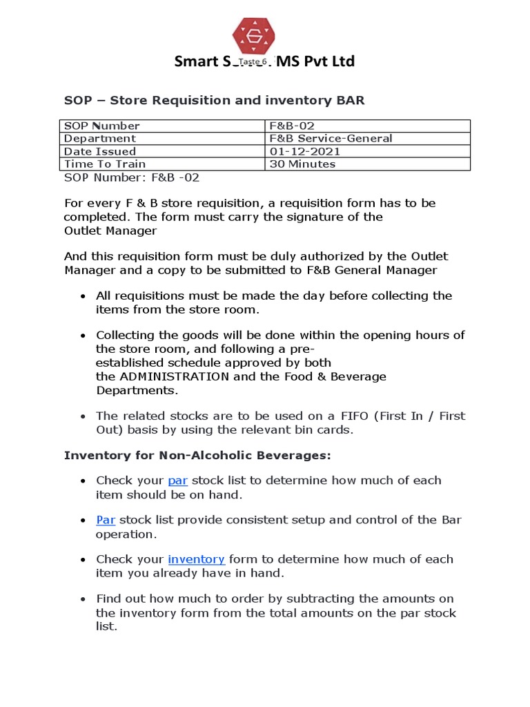 SOP Store Requisition-02 | PDF | Inventory | Drink