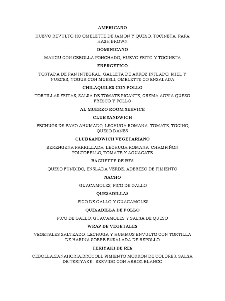 Menu Room Service | PDF