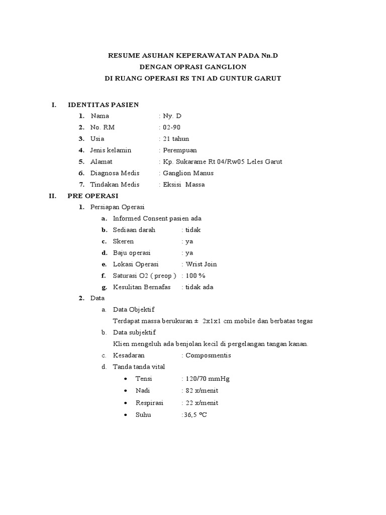 Resume Operasi Ganglion Tangan kanan | PDF