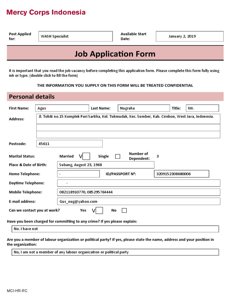MCI - Job Application Form - Agus Nugraha | PDF