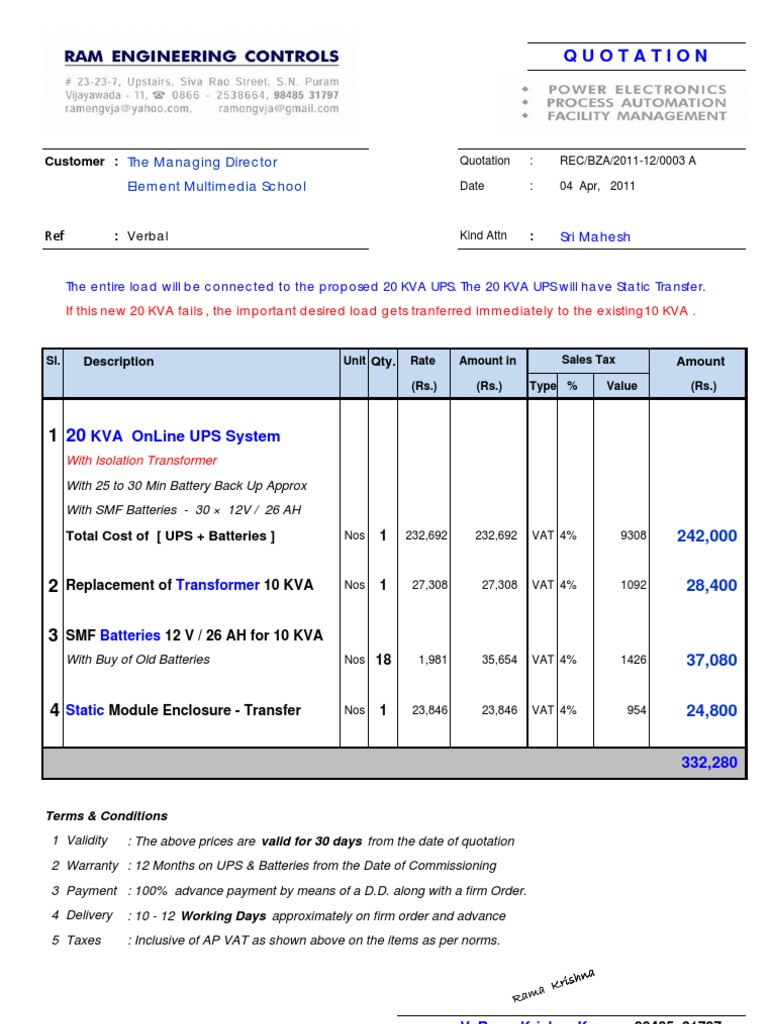 UPS Quotation for 20 KVA System | PDF | Value Added Tax | Services ...