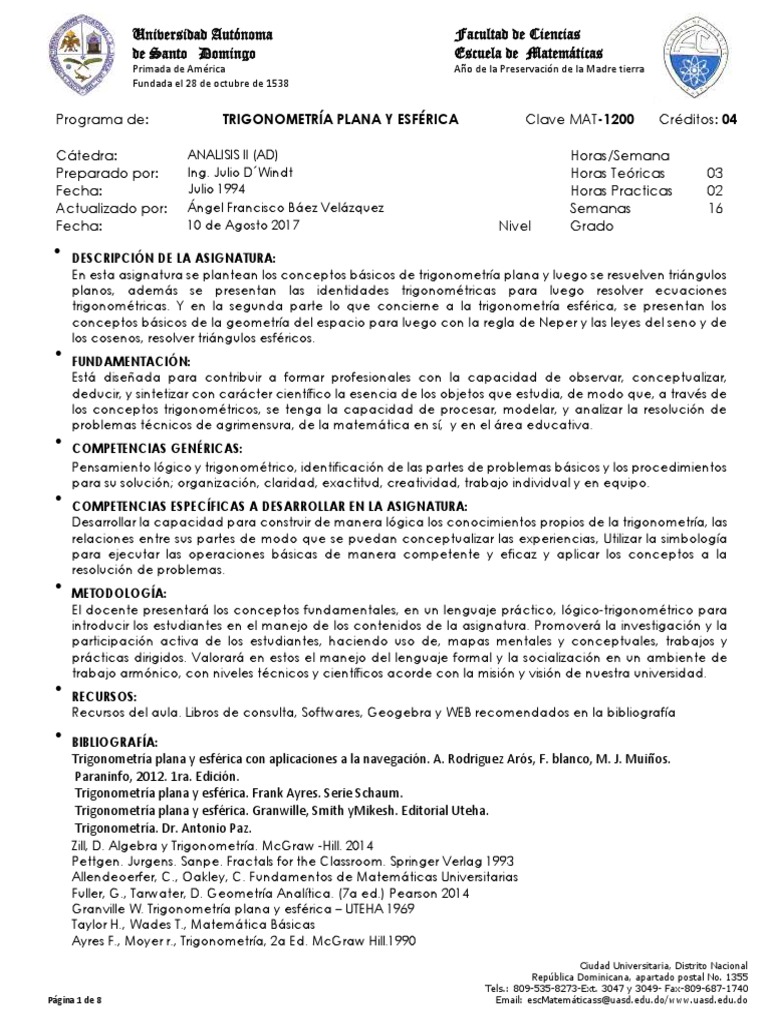Programa de Trigonometria Plana y Esférica. Mat-1200 | PDF | Funciones trigonométricas ...