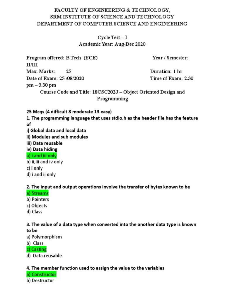 18csc202j Oodp Ct1 Question-Old | PDF | Class (Computer Programming) | Method (Computer Programming)