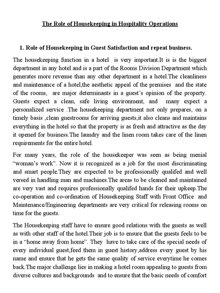 The Role of Housekeeping in Hospitality Operations | PDF | Housekeeping ...