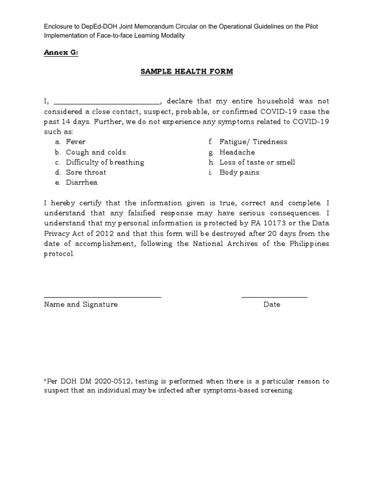 Annex G - Sample Health Form | PDF