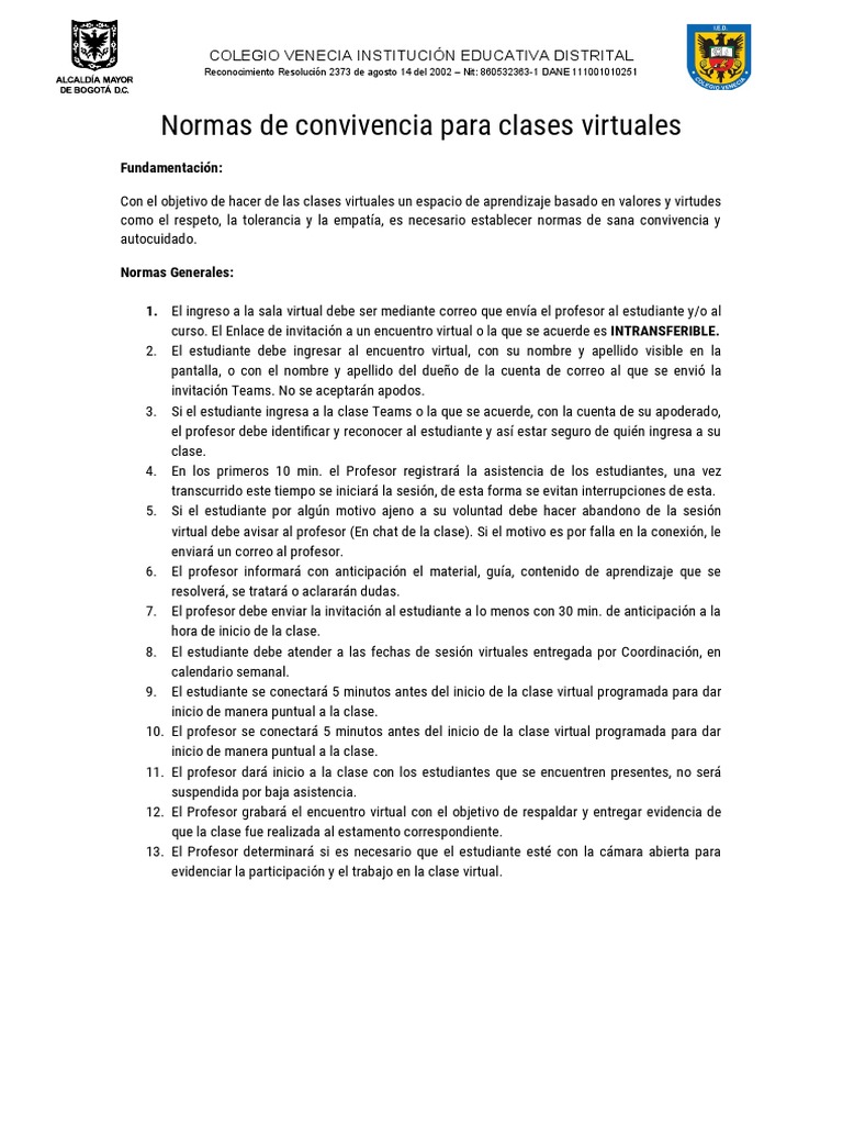 Normas de Convivencia en Clases Virtuales | PDF | Maestros | Chat en linea