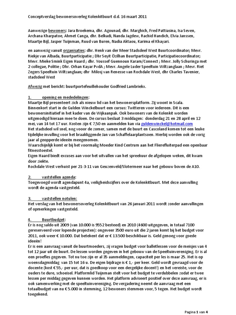 Concept Notulen Bewonersoverleg Kolenkitbuurt 16 Maart 2011 | PDF