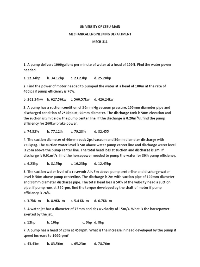 MECH 311-Plates | PDF | Pump | Horsepower