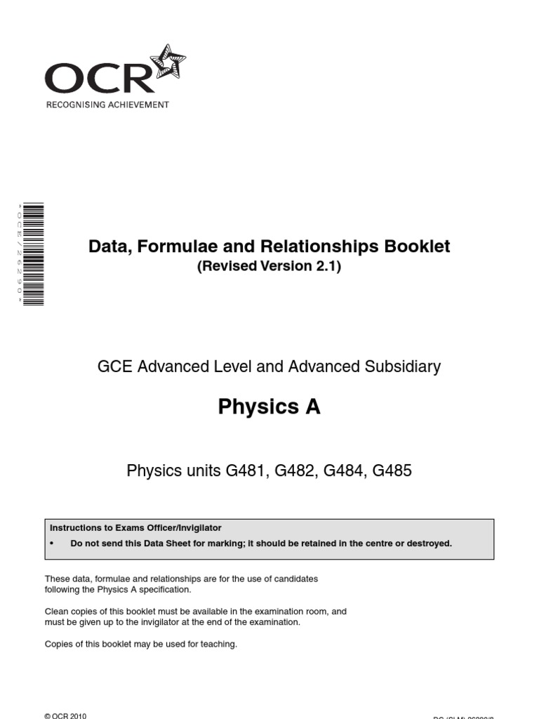 Physics A: Data, Formulae and Relationships Booklet | PDF | Mass | Mole (Unit)
