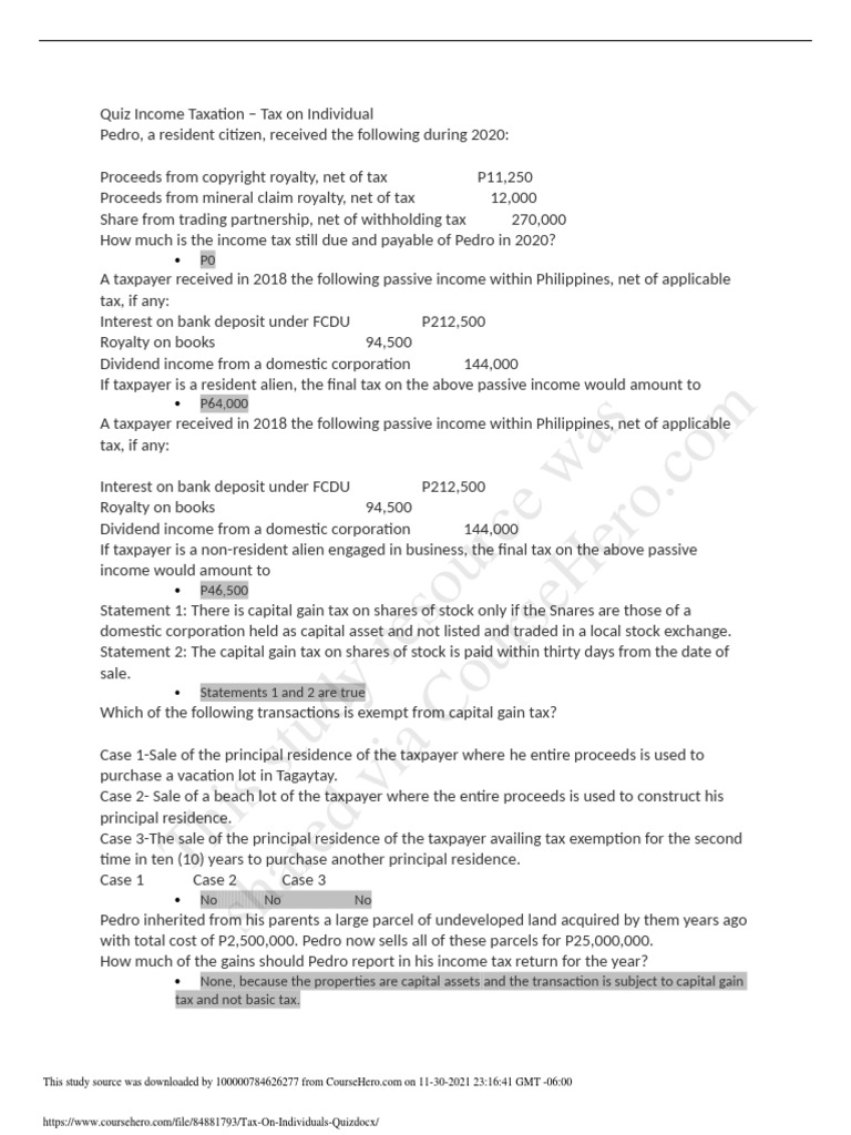 Tax On Individuals Quiz | PDF | Capital Gains Tax | Taxes