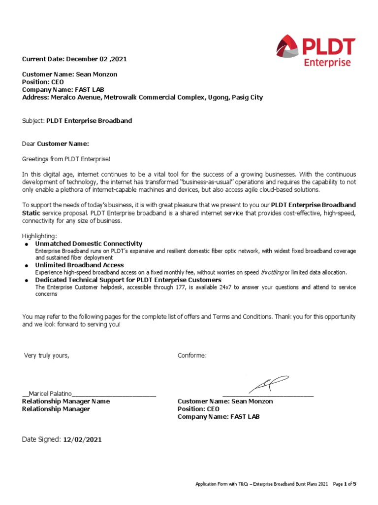 PLDT Enterprise Broadband Proposal for FAST LAB | PDF | Privacy ...