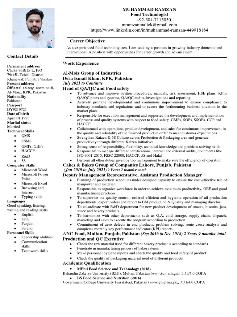 Ramzan CV Updated 11 | PDF | Hazard Analysis And Critical Control ...