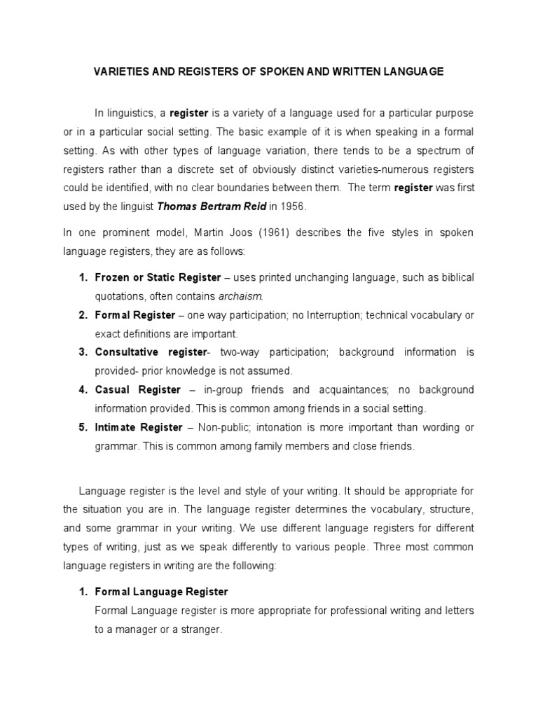 Varieties and Registers of Spoken and Written Language | PDF | Systems ...