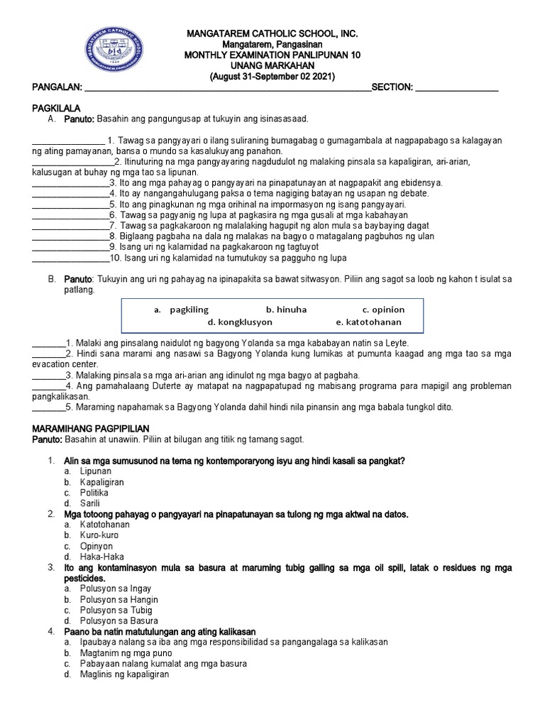 MANGATAREM CATHOLIC SCHOOL 1st Exam | PDF
