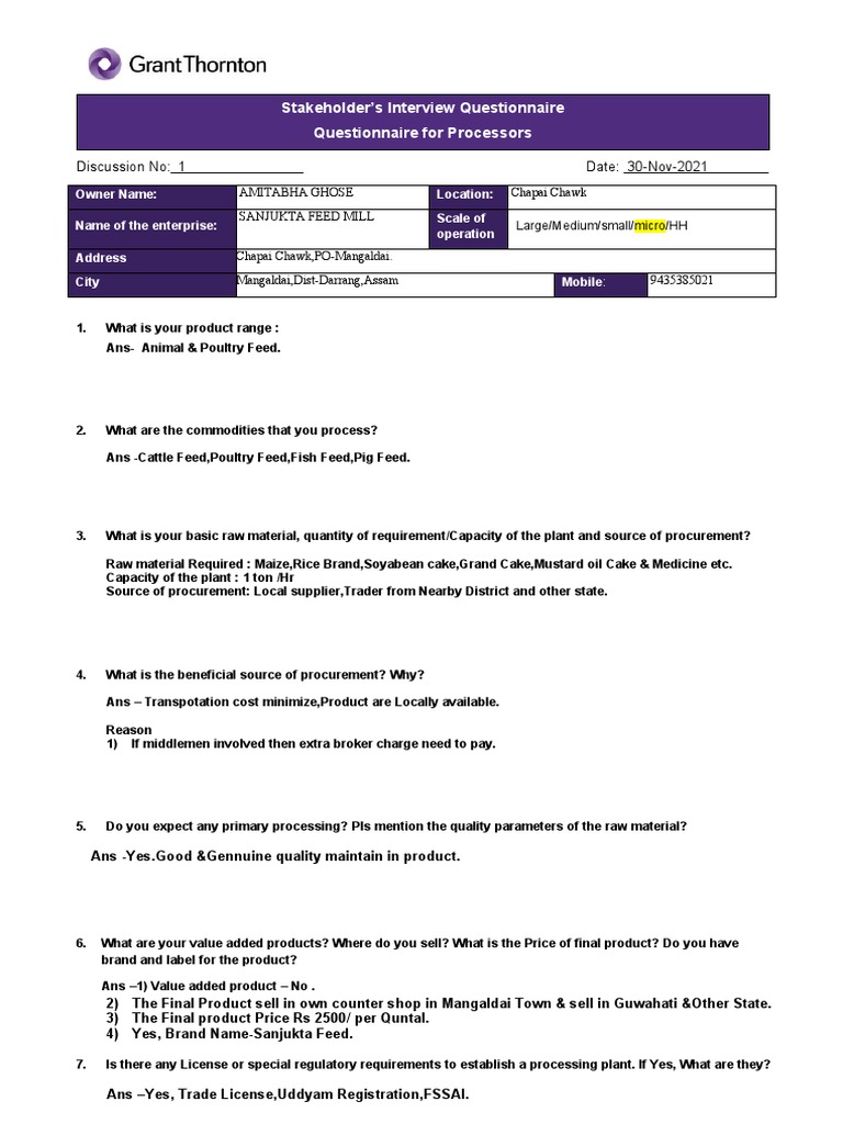 Stakeholder's Interview Questionnaire Questionnaire For Processors ...