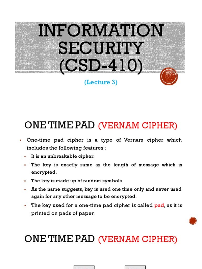 Lecture 3 (Verman Cipher) | PDF | Cipher | Cryptography Lecture 3 (Verman Cipher) | PDF | Cipher | Cryptography