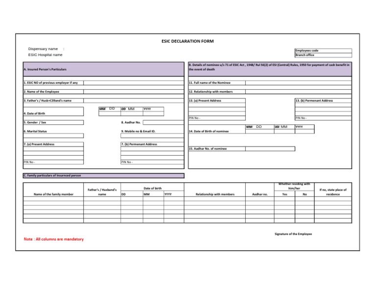 Esic Declaration Form: Dispensary Name: ESIC Hospital Name | PDF