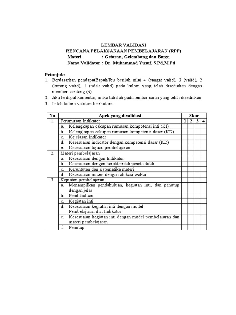 Lembar Validasi RPP | PDF