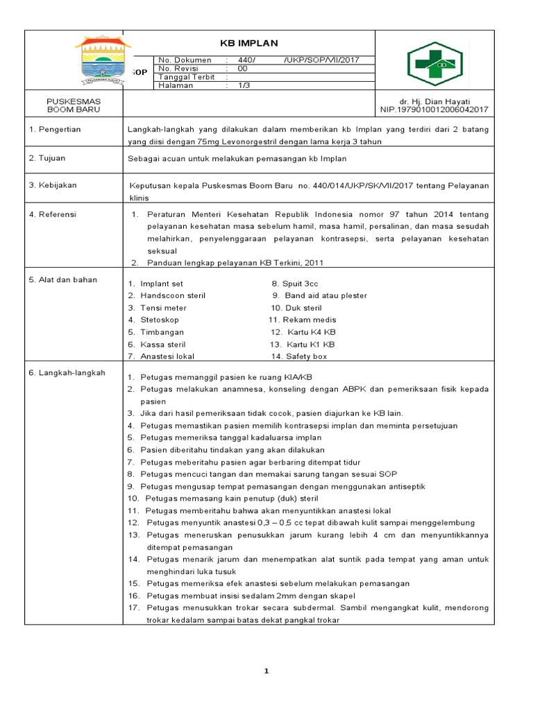 Sop Pemasangan KB Implan | PDF