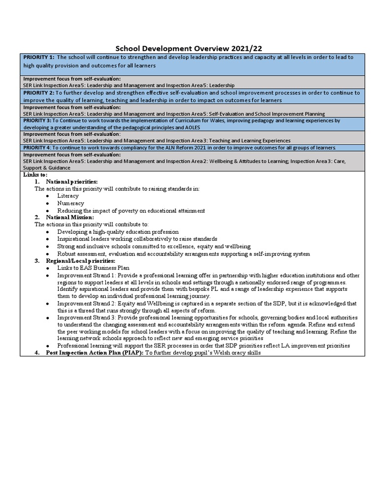 School Development Plan Overview 2021 22 | PDF | Education Reform ...
