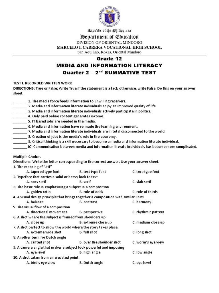 Media Information Literacy-Q2-SUMMATIVE TEST 2 | PDF | Typefaces | Serif