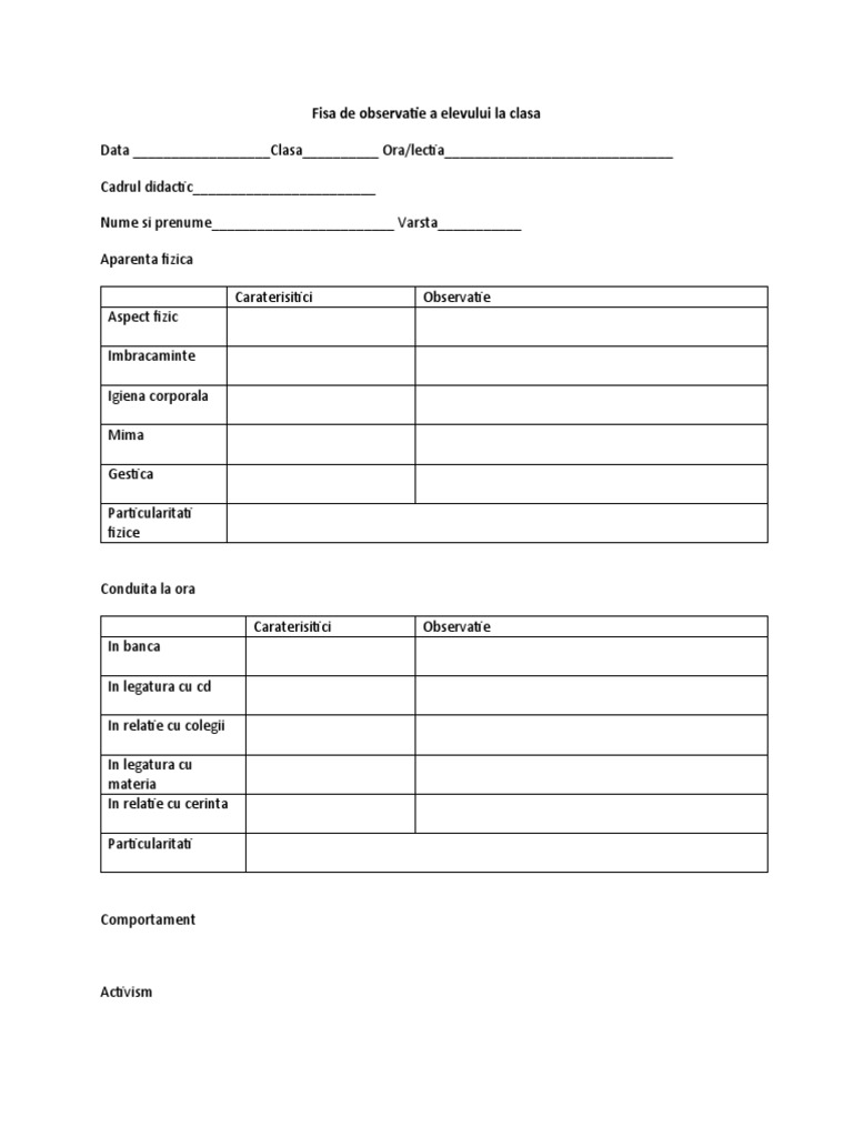 Fisa de Observatie A Elevului La Clasa | PDF