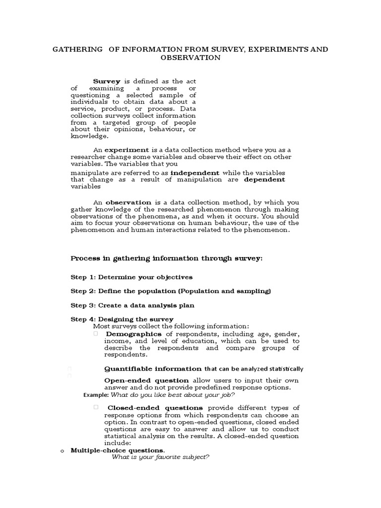Gathering of Information From Survey, Experiments or Observation | PDF ...