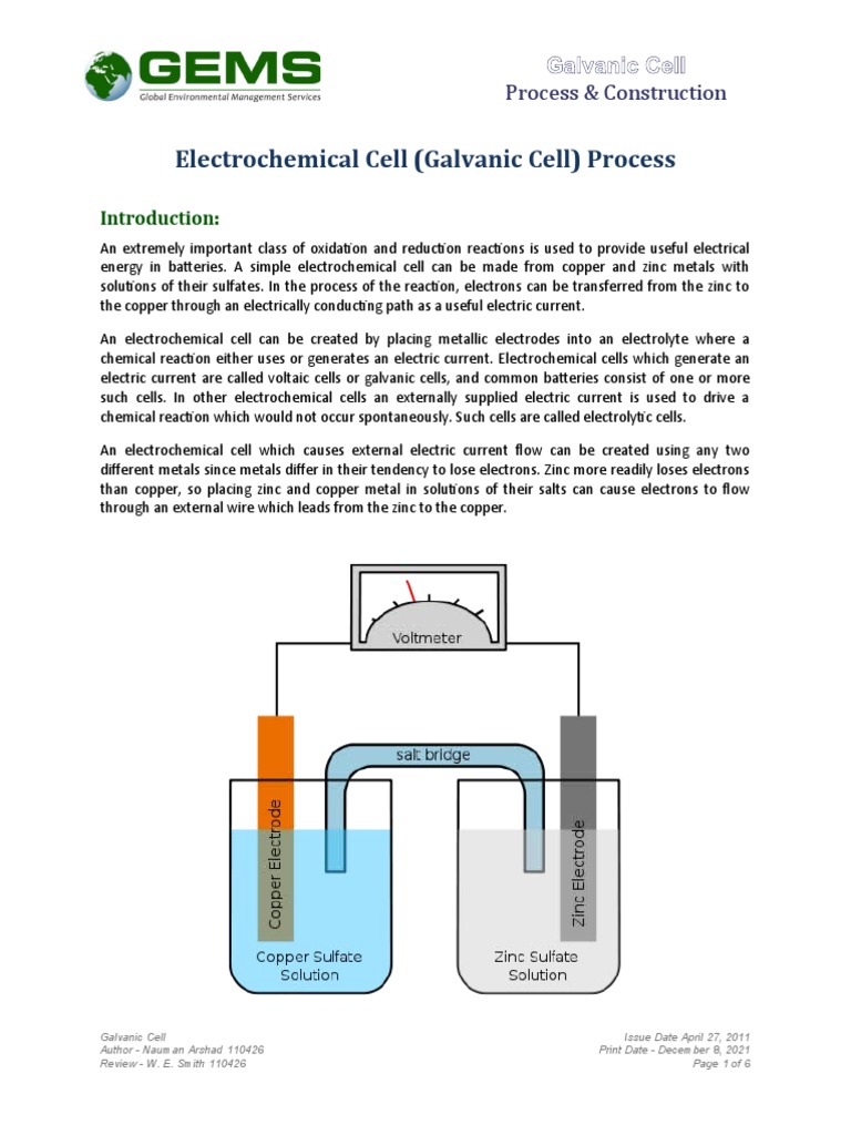 Electrochemical Cell (Galvanic Cell) Process | PDF | Redox ...