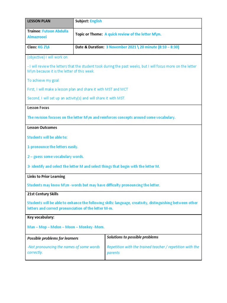 Letter M Lesson Plan for Kindergarten | PDF | Lesson Plan | Vocabulary