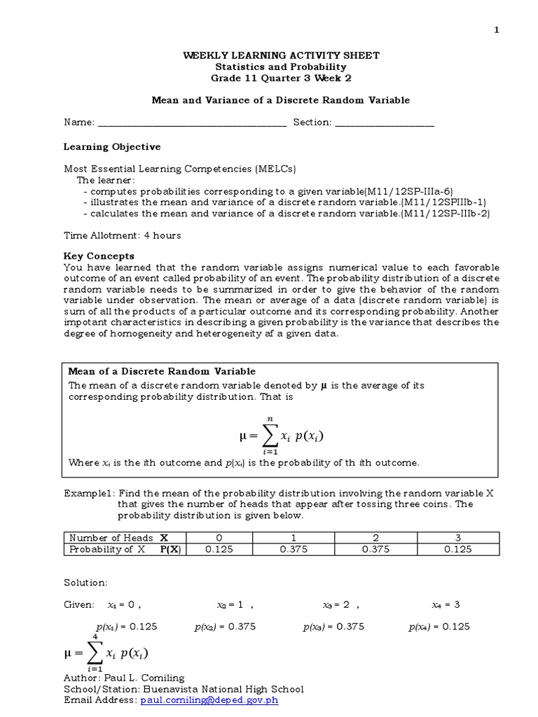 Weekly Learning Activity Sheet Statistics and Probability Grade 11 Quarter 3 Week 2 Mean and ...