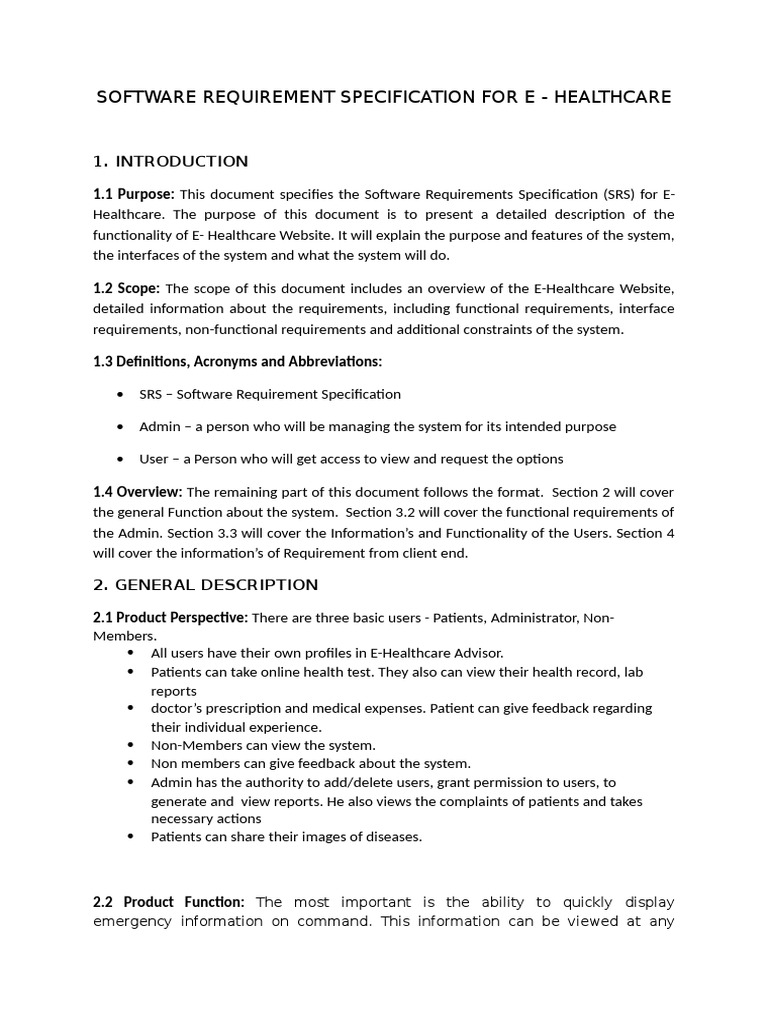 Software Requirement Specification For E - Healthcare | PDF | User (Computing) | Password