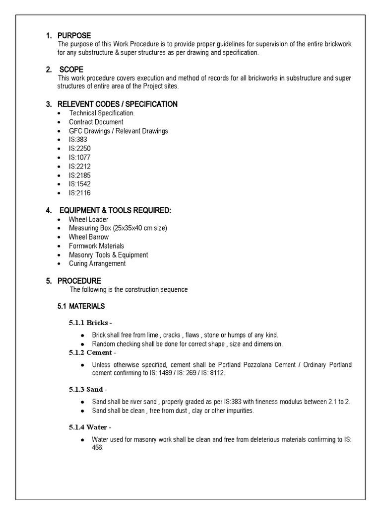Work Procedure For Brickwork. | PDF | Cement | Brick